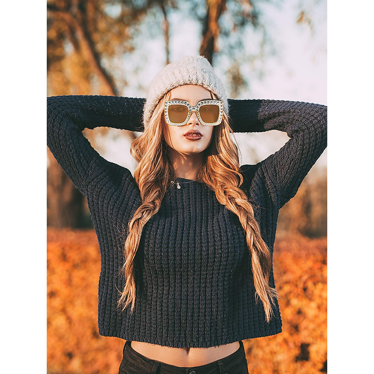 Frienda Oversize Square Glitter Sunglasses Sparkly Sunglasses Retro Thick Frame Sunglasses