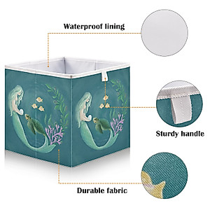 Emelivor Mermaid Turtle Cube Storage Bin Foldable Storage Cubes Waterproof Toy Basket for Cube Organizer Bins for Nursery Toys Kids Books Closet Shelf Office - 11.02x11.02x11.02 IN