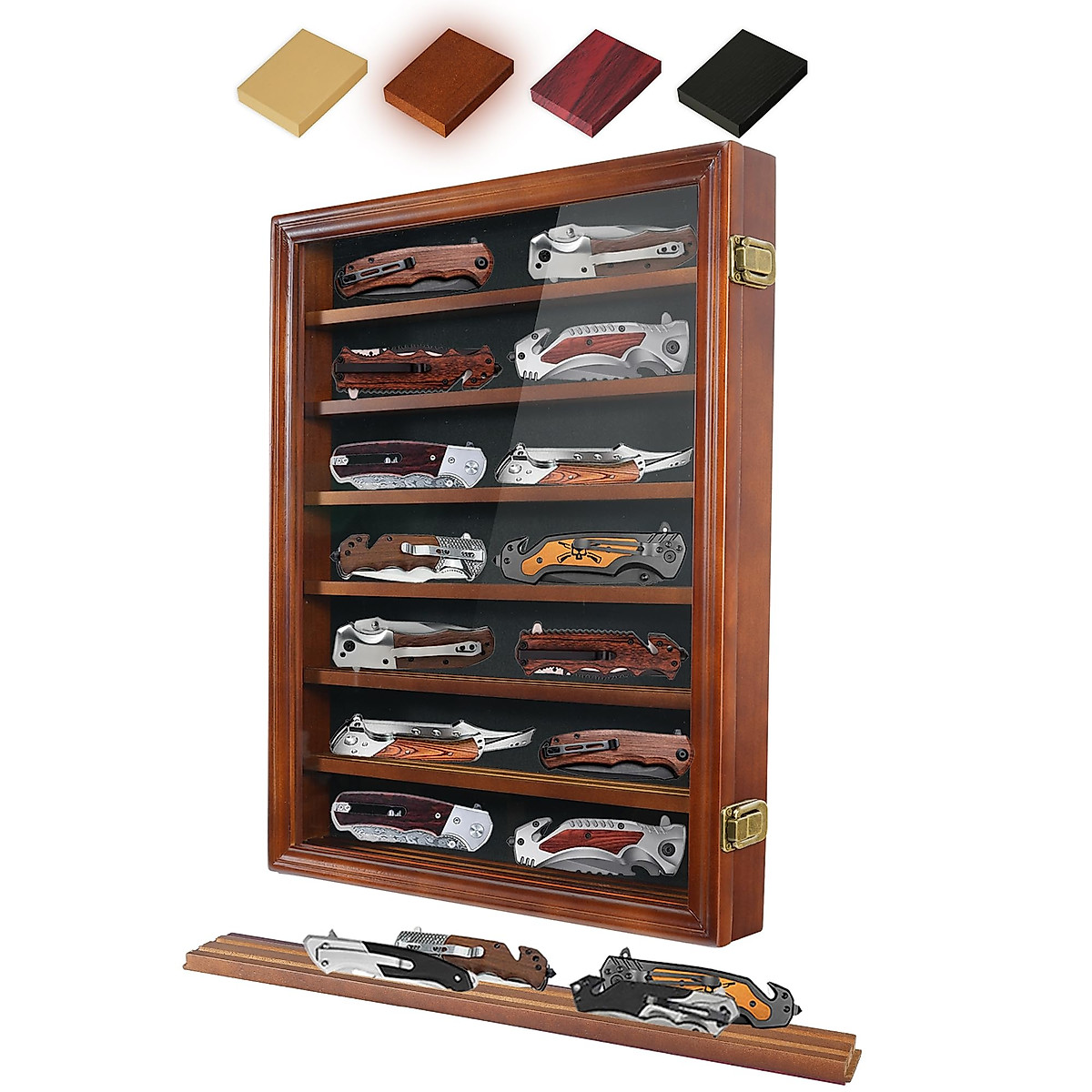 ASmileIndeep Pocket Knife Display Case 7 Rows Lockable Wooden Knife Shadow Box with HD Tempered Glass, Military Folding Knife Cabinet Stand for Wall with Removable Shelves, Walnut