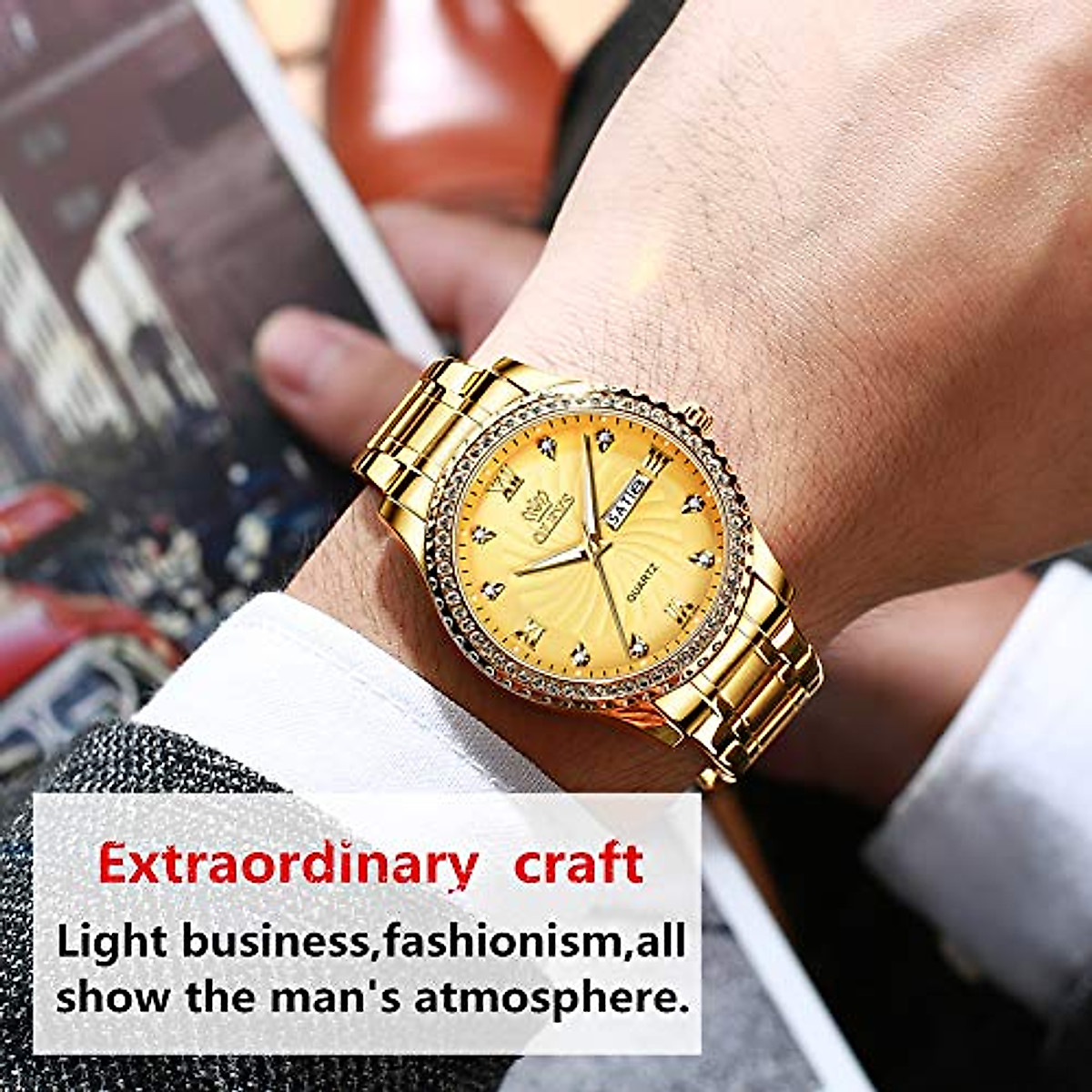 OLEVS Gold Watches for Men Waterproof Men Gold Watches Diamond Luxury Best Watches for Men Calendar Date Analog Quartz Watch Stainless Steel Classic Wrist Watch