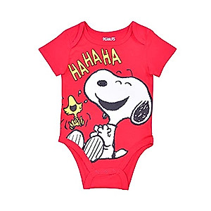 Peanuts Snoopy Boys’ 4 Pack Short Sleeve Bodysuit for Newborn and Infant – Red/White/Blue/Grey