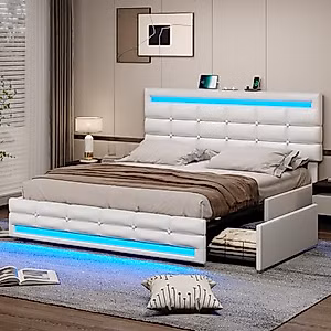 BTHFST Queen LED Bed Frame with Headboard, Faux Leather Platform Bed Frame with 2 USB Charging Station & Storage Drawers, No Squeak, White