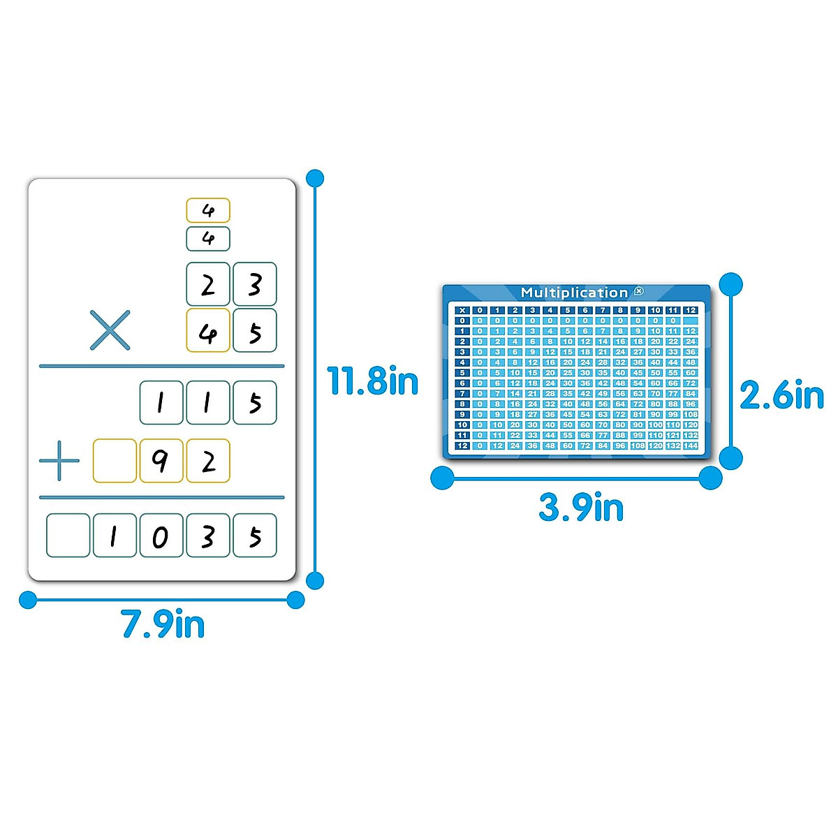 Set of Dry Erase Multiplication and Division Practice White Board, 8" x 12" 2-Digits Mathematics Board with a 4" x 2.5" Multiplication Chart Board for Kids Students, Classroom and Home.