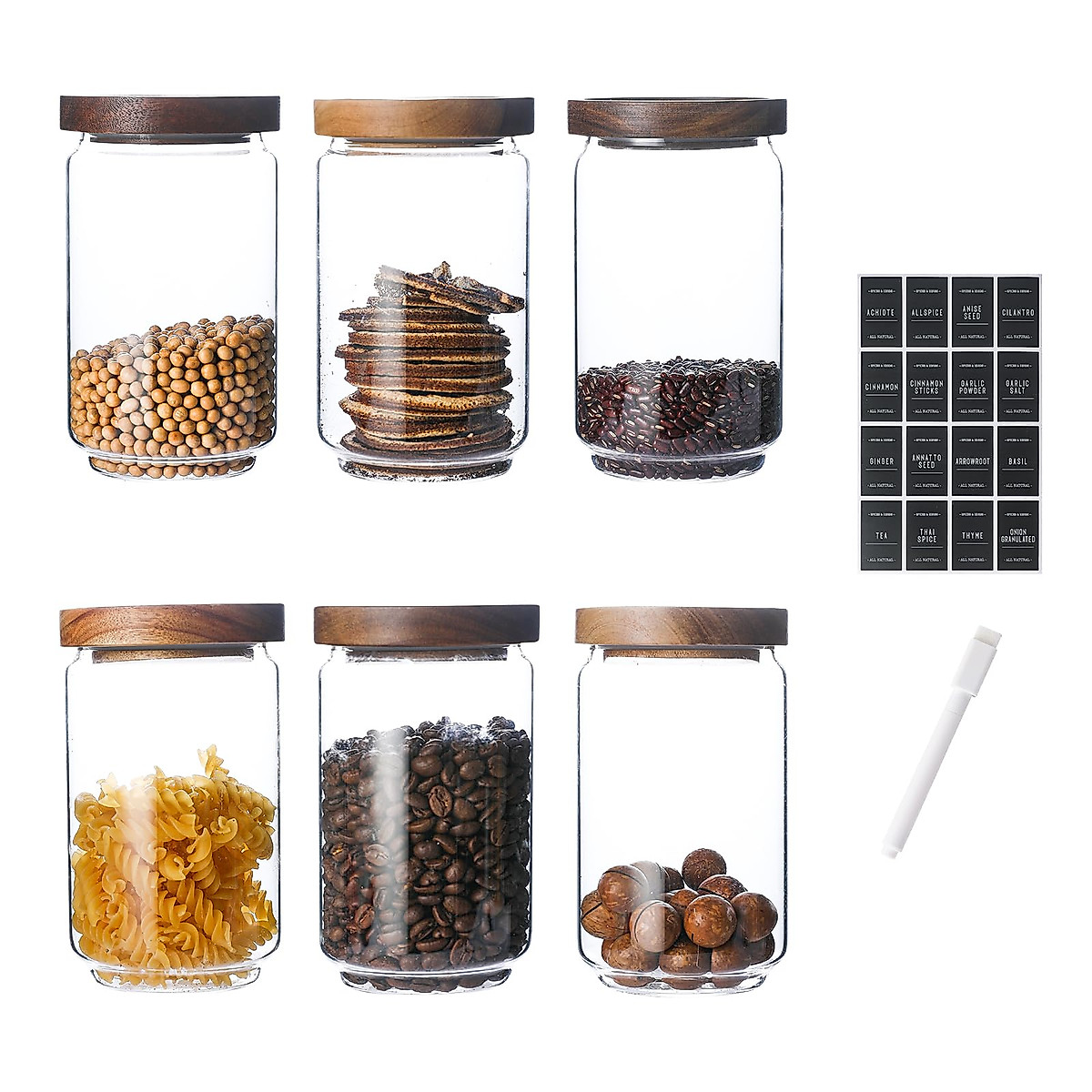 Homtop 25 OZ Glass Jars 6 Pack with 112 Labels, Clear Glass Storage Containers Food Canisters with Wood Lids