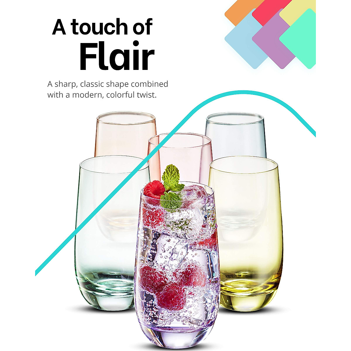 MITBAK 13- OZ Colored Highball Glasses (Set of 6) | Drinking Glasses Tumblers for Mixed Drinks, Water, Juice beer, cocktail | Glassware Set, Excellent Gift | Glass Cups Made in slovakia