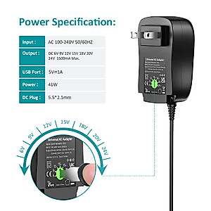 Basicvolt Universal AC/DC Adapter 41W Switching Power Supply Charger with 5V 1A USB Port, Replacement Power Cord for 6V 9V 12V 15V 18V 20V 24V Household Electronics - 1500mA Max