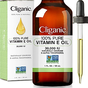 Cliganic 100% Pure Vitamin E Oil for Skin, Hair & Face - 30,000 IU, Non-GMO Verified | Natural D-Alpha Tocopherol