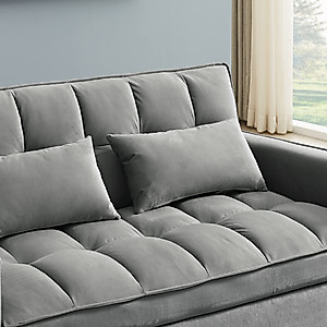 Merax 55.2" Velvet Sleeper Sofa Couch, Convertible Loveseat Sofa with Pull Out Bed and Adjustable Backrest, Sleeper Sofa Bed Armchair with 2 Lumbar Pillows for Home Office, Grey