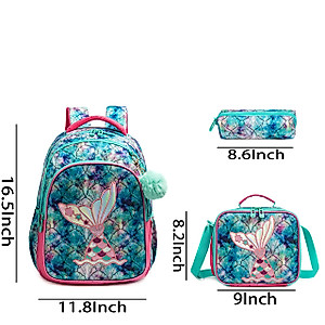 School Backpack for Girls Mermaid 3 in 1 Bookbag Kids Backpack for Girls Elementary Preschool Student