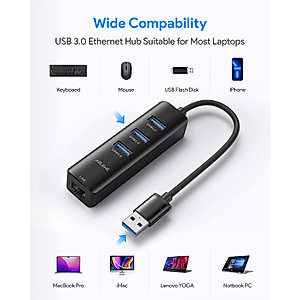 USB to Ethernet Adapter, ABLEWE 3 Ports USB 3.0 Hub with RJ45 1Gbps Gigabit Ethernet Adapter, for MacBook Air 2017, iMac, XPS, Surface Pro, Linux, Chromebook, Notebook and More - Black