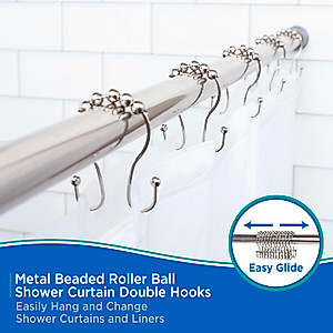 Kenney KN67120 Rust-Resistant Gliding Metal Beaded Shower Curtain Rings with Double Hanging Hooks for Shower Curtain and Standard Shower Curtain Rod, Bathroom Use, Easy to Install, 12-Pack, Nickel