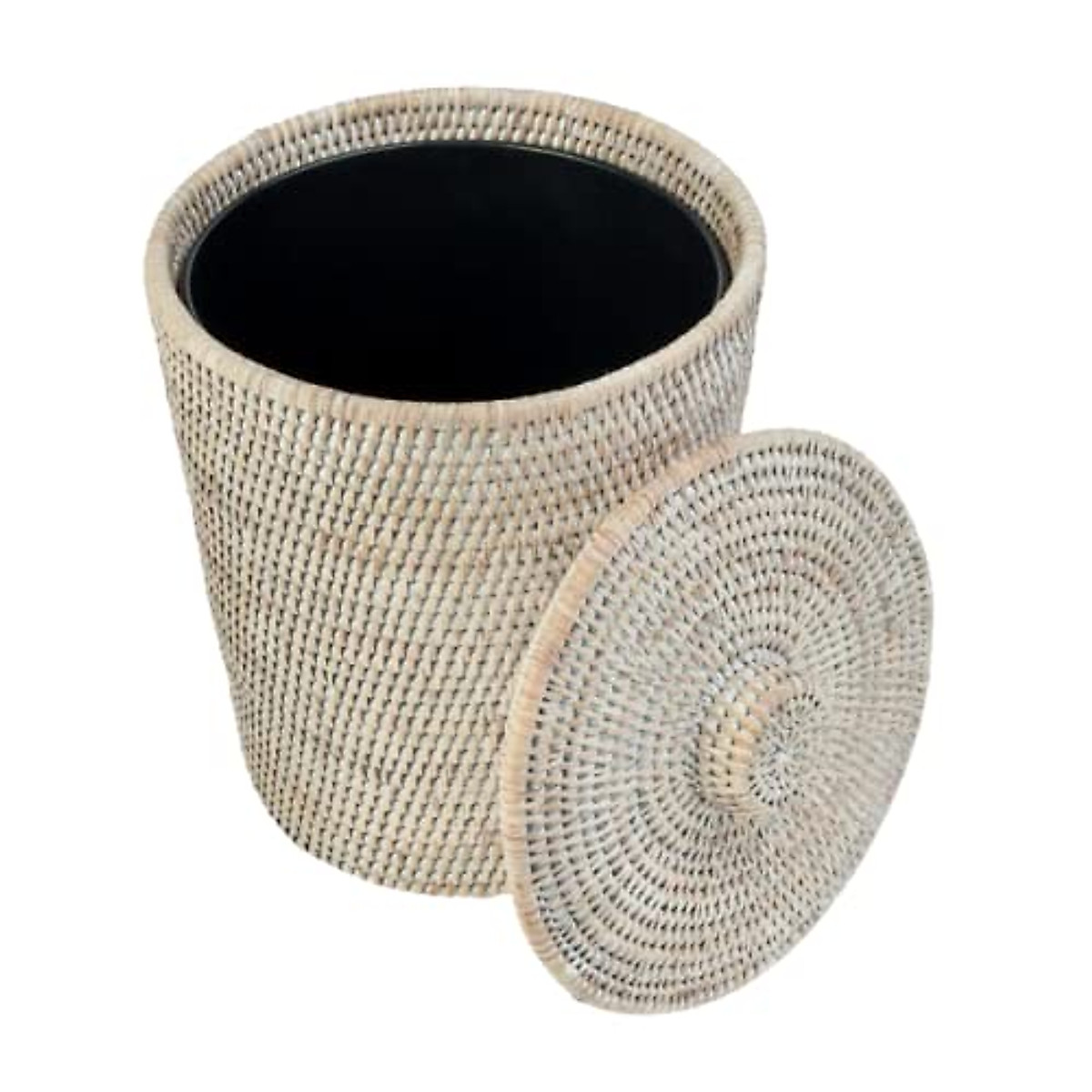 KOUBOO La Jolla Rattan Round Waste Basket With Lid & Plastic Insert, 2 Gallon Woven Wastebasket for Bathroom, Kitchen, Office, Living Room, & Home Decor, White Wash