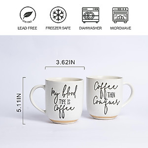 Taimei Teatime 14.5 oz Ceramic Coffee Mug Set of 2, My Blood Type is Coffee & Coffee Then Conquer Coffee Cup Sets, Mugs Gift Set for Couple & Coffee Lovers, Dishwasher and Microwave Safe