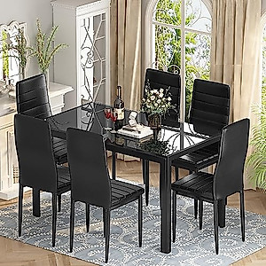 Recaceik Glass Dining Table Sets for 6, 7 Piece Kitchen Table and Chairs Set for 6 Person, Tempered Glass Table and PU Leather Chairs Modern Dining Room Sets for Small Dinette Apartment
