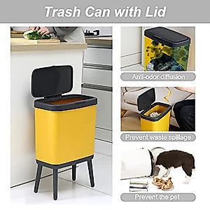 Slim Trash Can with Lid,4Gallon Plastic Garbage Can with Push Button,Dog Proof Trash Can for Room,Tall Kitchen Garbage Bin, Narrow Modern Waste Basket for Bathroom,Living Room,Toilet,Office(Yellow)
