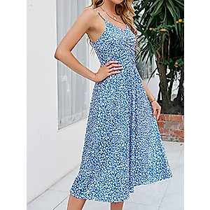 YATHON Boho Sleeveless Casual Midi Summer Dress V Neck Elastic Waist Floral Print Boho Midi Swing Homecoming Party Long Dresses (YT202-Blue W Pattern 01,S)