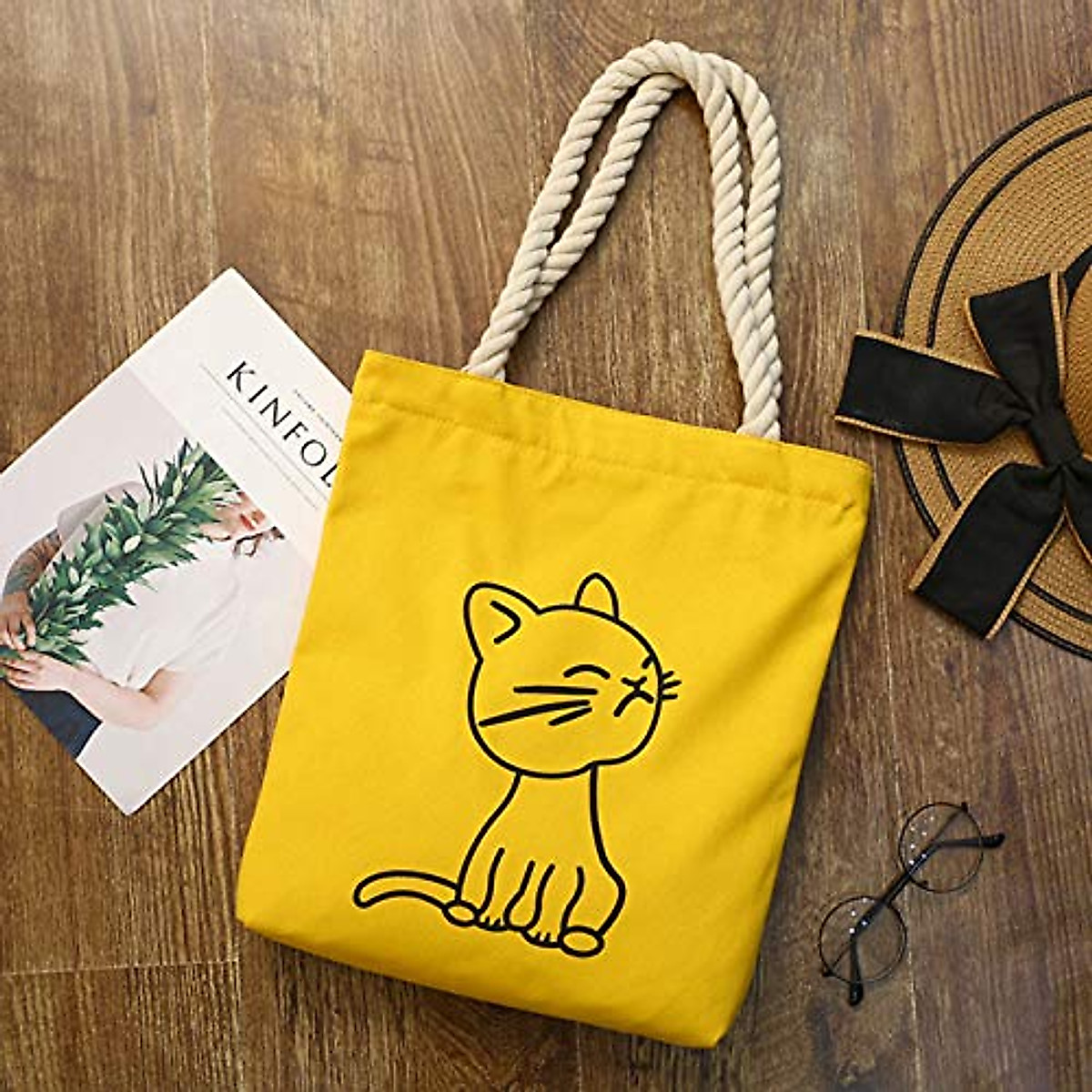 Zipper Canvas Tote Bag with Inner Pocket, Portable and Ecofriendly, Cat-yellow, 14.6" x 13.6" x 2?