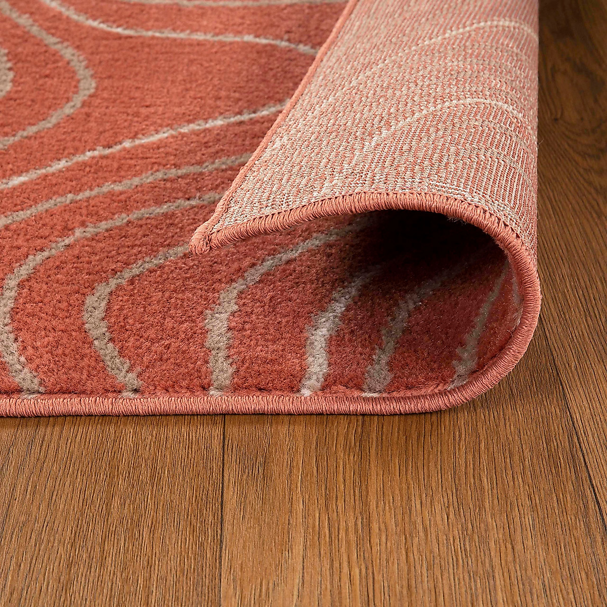 Superior Indoor Area Rug, Plush Carpet Cover, High-Traffic Rugs, Jute Backing, Hallways, Entry, Office, Living Room, Kitchen, Modern Abstract Wood Grain, Veer Collection, 7' x 9', Coral