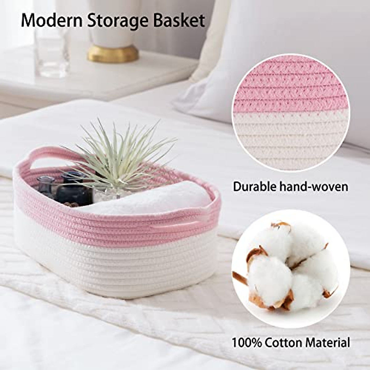 OIAHOMY Cotton Rope Storage Basket, Set of 5 Woven Baskets for Organizing with Handles, Decorative Basket for Baby Nursery, Dog Cat Toy Baskets - Pink & White