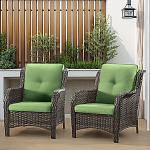 Gardenbee Patio Wicker Chairs Set of 2, Patio Rattan Dining Chairs with 3.5-inch Seat Cushions, High Back and Curved Armrest for Garden, Backyard, Balcony and Deck, Green