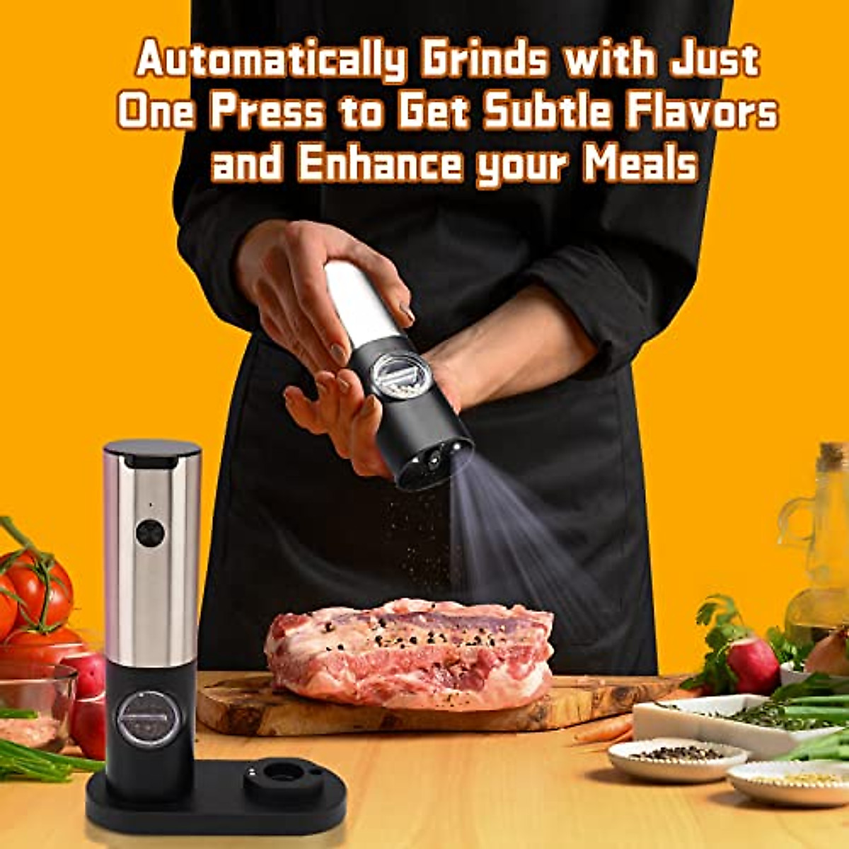 Salt and Pepper Grinder Set, Rechargeable Pepper Grinder Automatic Pepper Grinder Adjustable Coarseness with Charging Base LED Light, 2 Pack