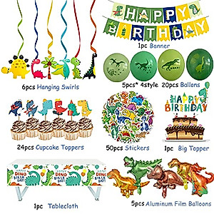 YBST Dinosaur Birthday Party Supplies, 104 Pcs Supplies Set for Boys and Girls, Include Balloons, Banner, Tablecloth, Stickers, Hanging Swirls, Aluminum Film Cake Topper Cupcake Toppers