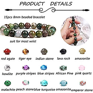 FINZOR 15 Pcs 8mm Healing Stone Beaded Bracelets for Women Men Semi-Precious Gemstones Bracelets Crystal Beaded Bracelet Unisex Adjustable Stretch Bracelets
