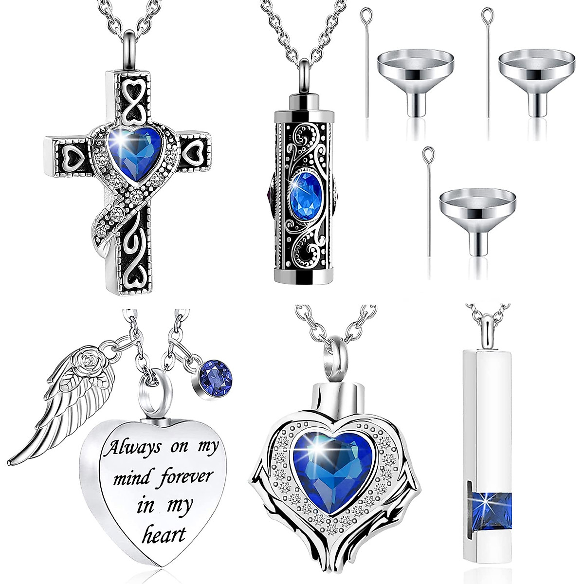 Cremation Urn Necklace for Ashes set of 5 -Crystal Heart Cremation Jewelry Memorial Jewelry for Ashes of Loved Ones Keepsake Urn for Human Ashes Pendant Necklace for Women Men (Blue 5 Pcs)