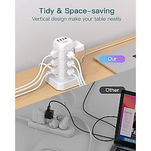 Power Strip Tower Surge Protector - 10 FT Extension Cord with Multiple Outlets, 12 Outlets 4 USB Ports Electric Power Tower, Flat Plug, Desktop Charging Station for Office Home Dorm Essentials White