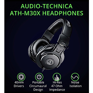 blucoil Audio Technica ATH-M30x Professional Studio Monitor Headphones (Black) Bundle Portable USB Audio Interface for Windows & Mac, 10' XLR Cable, and Samson R21S Dynamic Microphone