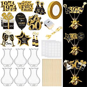 Yeaqee 31 Pcs Sets 50th 60th 70th Birthday Party Decorations Birthday Table Centerpiece Black and Gold Centerpieces for Tables Birthday Sticks Table Toppers with LED Lights Plastic Jar Ribbon(50th)