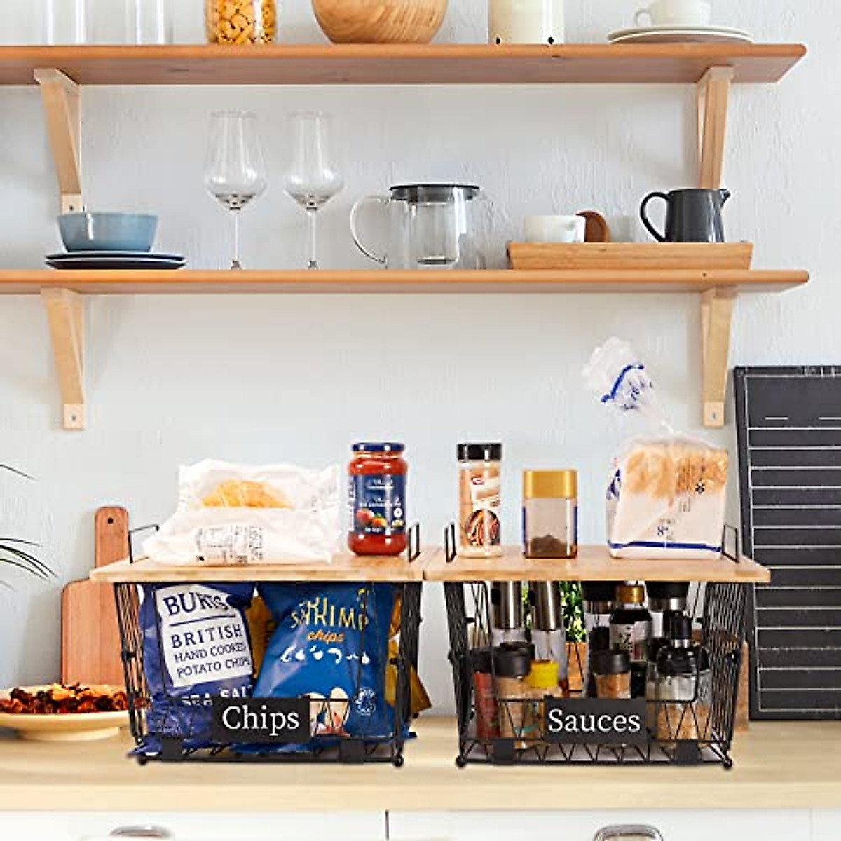 2 Pack Stackable Wire Storage Baskets with Wood Lid- Kitchen Countertop Organizer for Fruit Vegetable -Large Metal Bin for Pantry Organization and Storage, Black