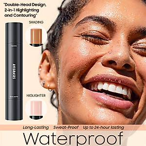 Double-End Highlighter Contour Stick, Cream Contour Stick Makeup Highlighter Stick, Professional Long-Lasting & Waterproof Face Body Contour Makeup Bronzer Stick (02#Lotus Color+ Light Brown)