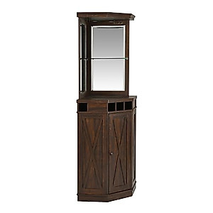 Home Source 73" Tall Corner Storage Cabinet with Wood Doors, Wine Rack, Liquor Glass Holder, Glass Design Large Rustic Bar Hutch for Living Room, Home Office, Kitchen, Small Space, Mahogany