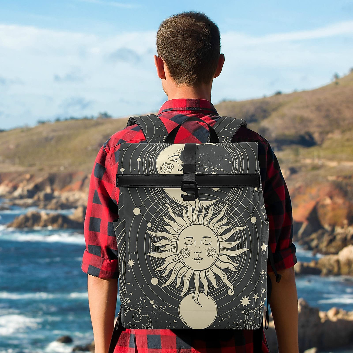 Astrology Tarot Goth Travel Roll Top Backpack for Men, Expandable Waterproof Trendy Laptop Backpack