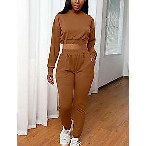 Mizoci Women's 2 Piece Outfits Lounge Jogger sets Long Sleeve Crop Top Pant Sweat Suit Tracksuit,Medium,Coffee
