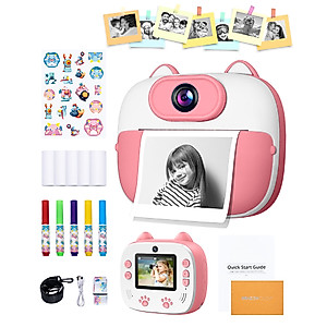 Dragon Touch Instant Print Camera for Kids, Digital Camera for Kids with Print Paper, Kids Camera with 1080P 2 Inch Color Screen, Selfie Video Camera for Kids 3-12 Years Old (Pink)