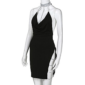 Women's Sexy Deep V Neck Backless Bodycon Dress Halter Neck High Slit Lace Up Mini Night Club Dress (Black, M)