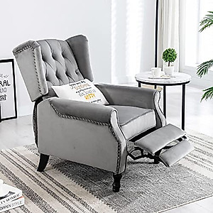 Altrobene Velvet Accent Chair, Push Back Recliner Chair, Wingback Arm Chair for Living Room/Bedroom/Home Theater/Reception Area, Grey