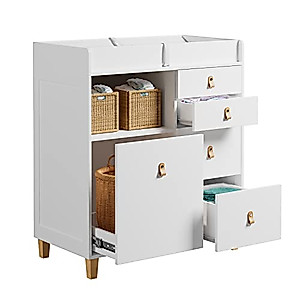 Timechee Baby Changing Table Dresser, 33.5" Baby Nursery Dresser with Drawers & Shelf, Wooden Storage Dresser Chest w/Changing Station for Infant Kids Bedroom, White