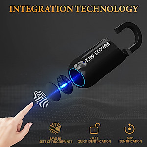 Fingerprint Padlock, Mini Black Padlock Fingerprint Lock, Long Standby Time USB Charge Keyless Padlock for Gym School Locker, House Door, Travel Luggage, Backpack