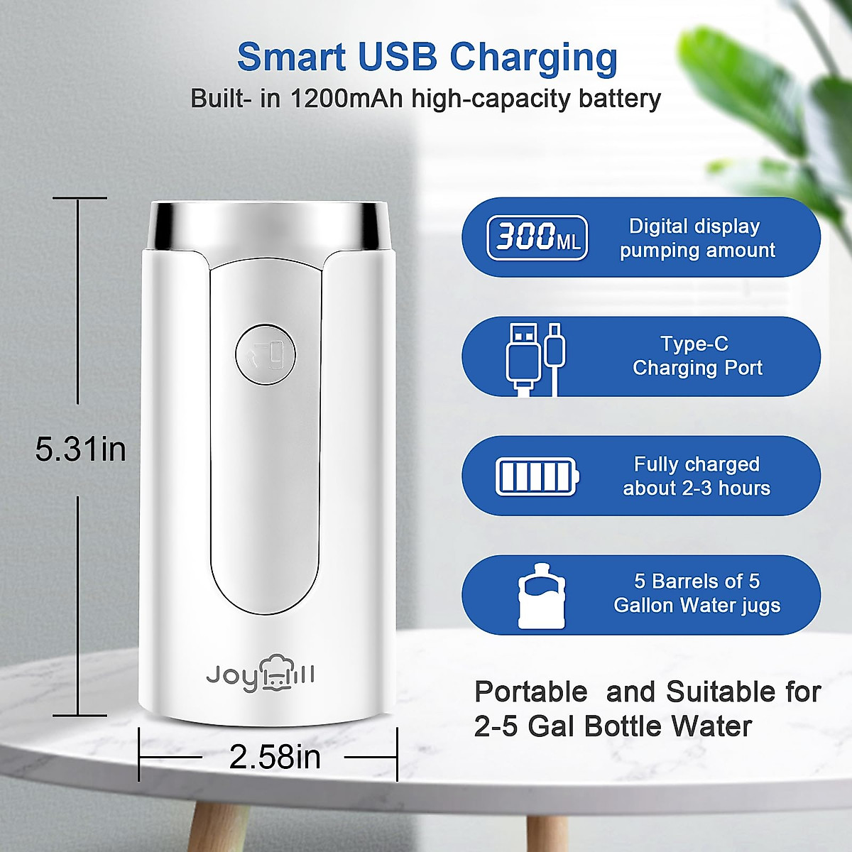 JOYHILL 5 Gallon Water Bottle Pump - Foldable Spout, Smart LED Display, Quiet Operation, Long-Lasting 1200mAh Battery, Food-Grade Material, Portable for Home, Office & Outdoor Use (Black)