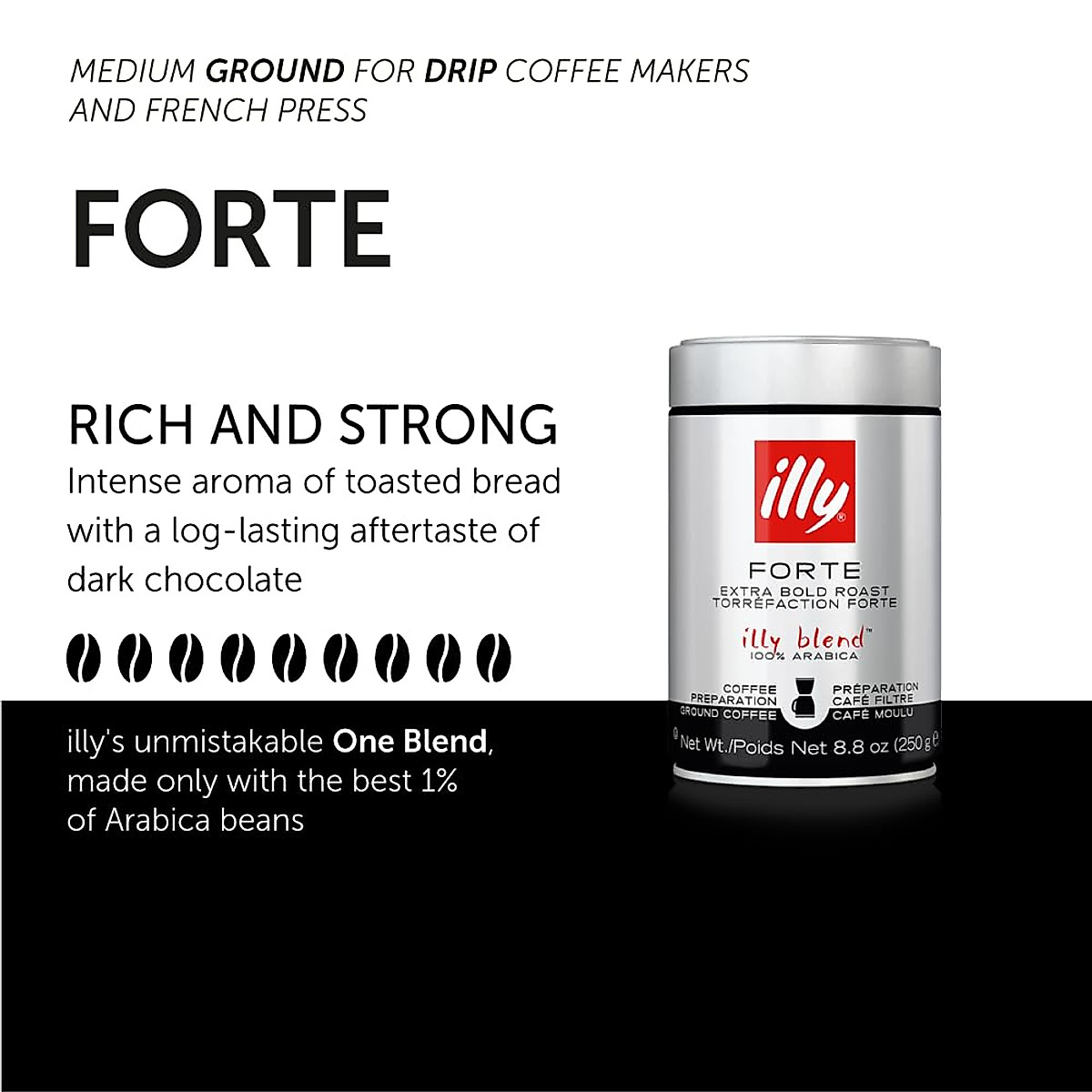 illy Drip Coffee - Ground Coffee - 100% Arabica Ground Coffee – Forte Extra Dark Roast - Notes of Dark Chocolate & Toasted Bread Aroma - No Preservatives – Rich & Strong – 8.8 Ounce