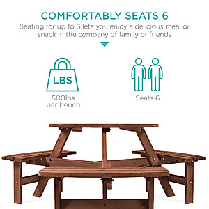 Best Choice Products 6-Person Circular Outdoor Wooden Picnic Table for Patio, Backyard, Garden, DIY w/ 3 Built-in Benches, 500lb Capacity - Walnut Brown