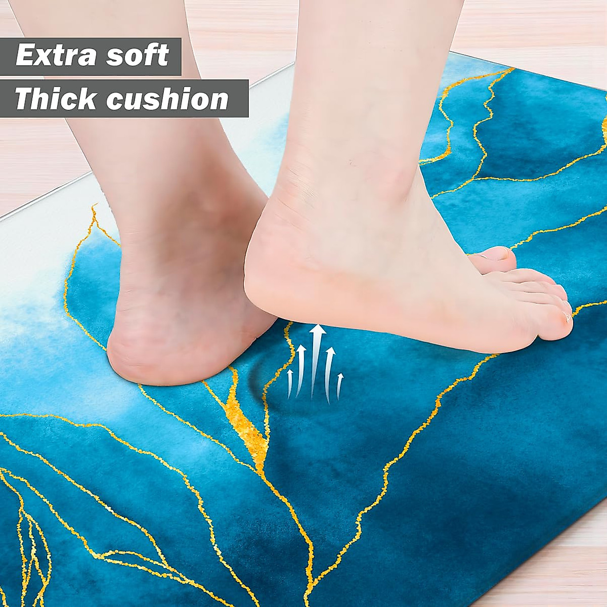 chiinvent Blue Kitchen Rugs Gold Stripes Modern Ink Art Decor Kitchen Floor Mat Cushioned Memory Foam Padded PVC Leather Heavy Duty Comfort Standing Runner Rugs, 17.3x28+17.3x47 inch