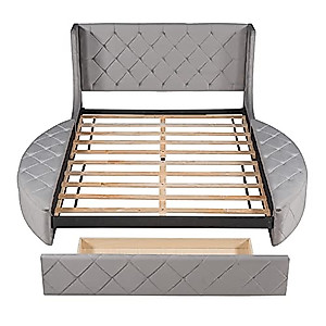 BOVZA Queen Size Platform Bed Frame, Velvet Upholstered Bed with Wingback Headboard and and 1 Big Drawer, 2 Side Storage Stool, No Box Spring Needed, Gray