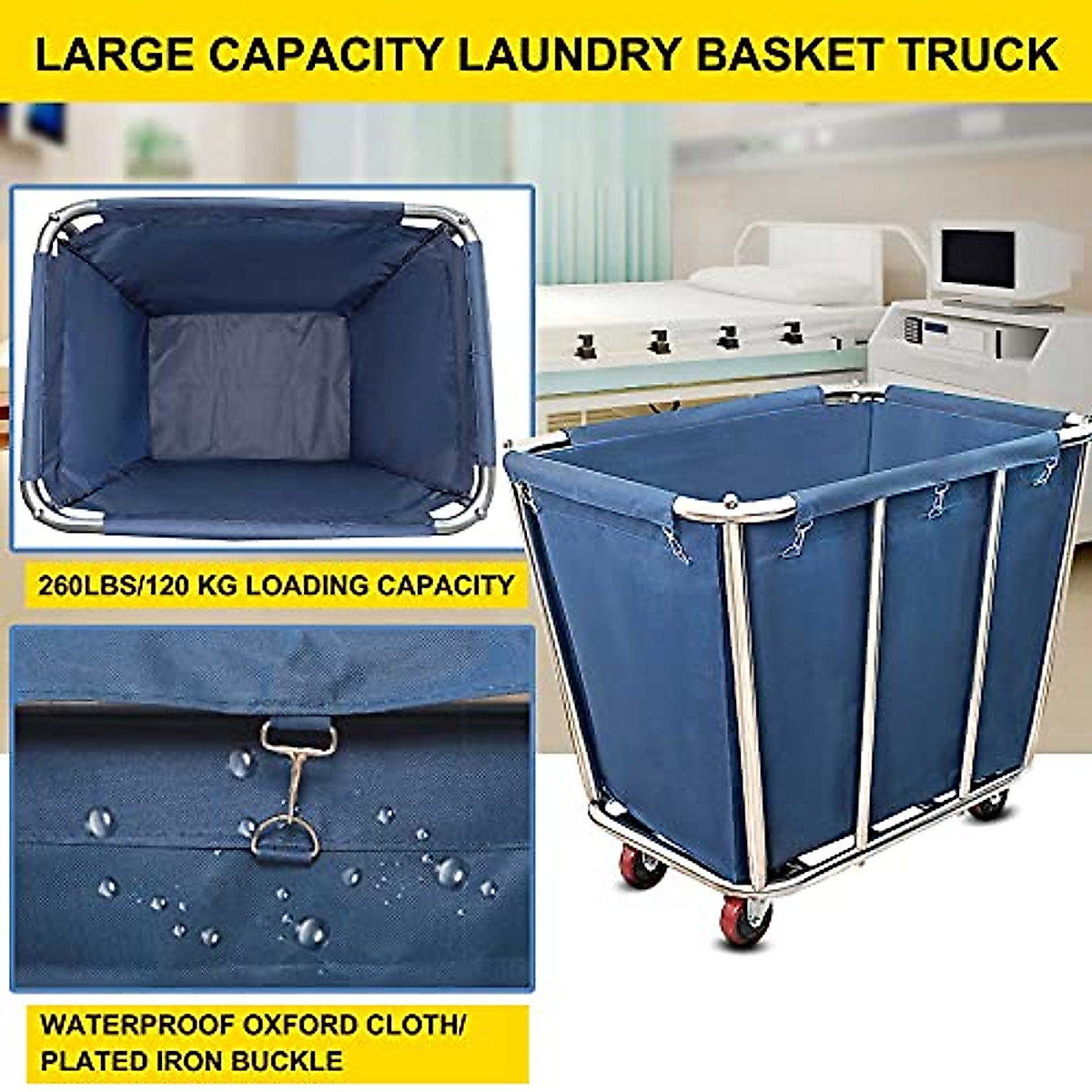 Commercial Laundry Cart,10 Bushel (350L) Large Industrial Rolling Laundry Cart Hamper with 4 Inch Wheels,Heavy Duty Laundry Baskets with Stainless Steel Frame, 260 LBS Weight Capacity