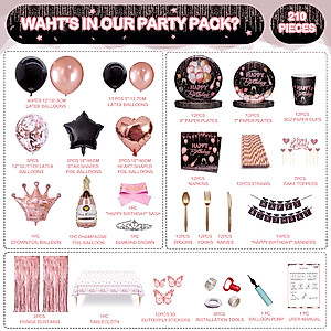 210PCS Birthday Decorations For Women ,Rose Gold and Black Party Decorations Kit,Happy Birthday Supplies Set - Tableware Pack, Balloon Pump, Banner, Fringe Curtain, Latex Balloons For 12 Guest