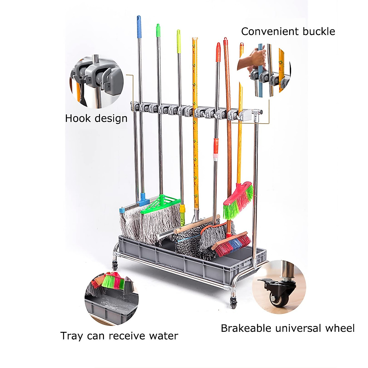 DMUNIZ Mop Storage Racks, Broom Holder Organizer, 5 Racks, 6 Hooks, Stainless Steel, for Garage, Laundry Room, Closet, Tool Storage, 11 Positions