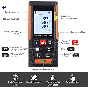 Classic Laser Measure，Digital Laser Measure w/2 Bubble Levels, M/in/Ft/Ft+in Unit Change, Large Backlit LCD, IP54 Shockproof & Waterproof, Live Measuring, Area, Volume, Pythagoras